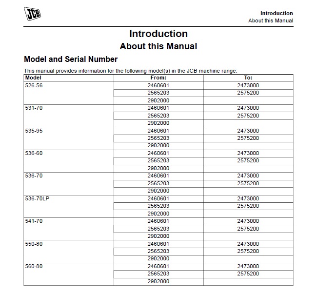 JCB 526-56, 531-70, 535-95, 536-60, 536-70, 536-70LP, 541-70, 550-80 ...