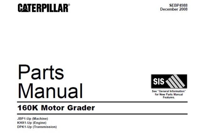 Caterpillar Cat 160K Motor Grader Parts Manual (JBP1-Up)