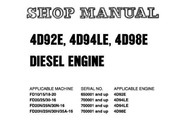 Komatsu 4D92E, 4D94LE, 4D98E Diesel Engine Service Repair Shop Manual ...