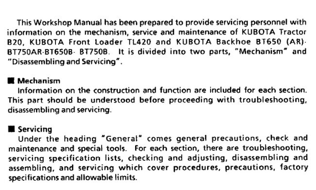 Kubota B20, TL420, BT650, BT750 Tractor Workshop Manual